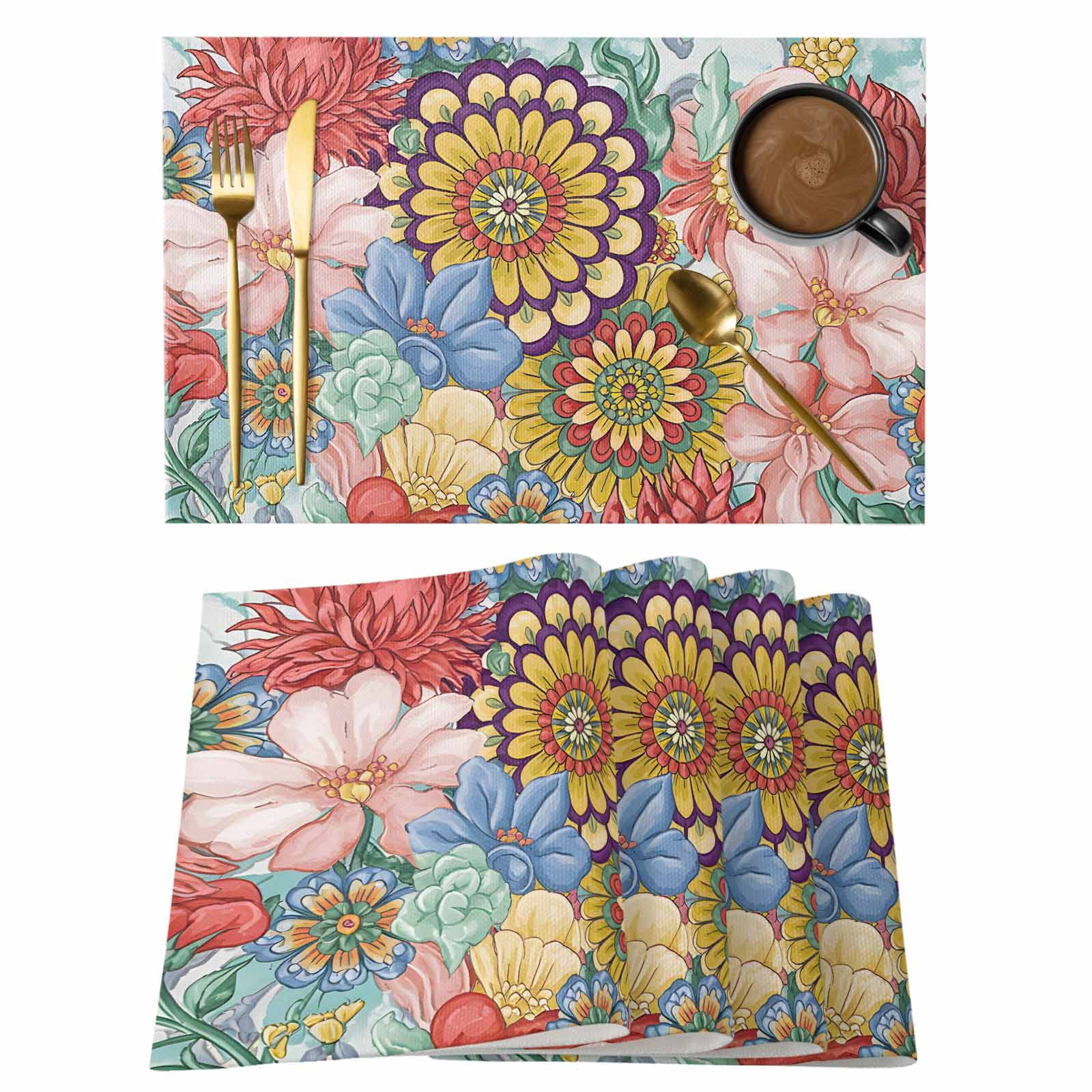 Bohemian Flowers Cotton Linen Placemats Set of 12, Vintage Colorful ...