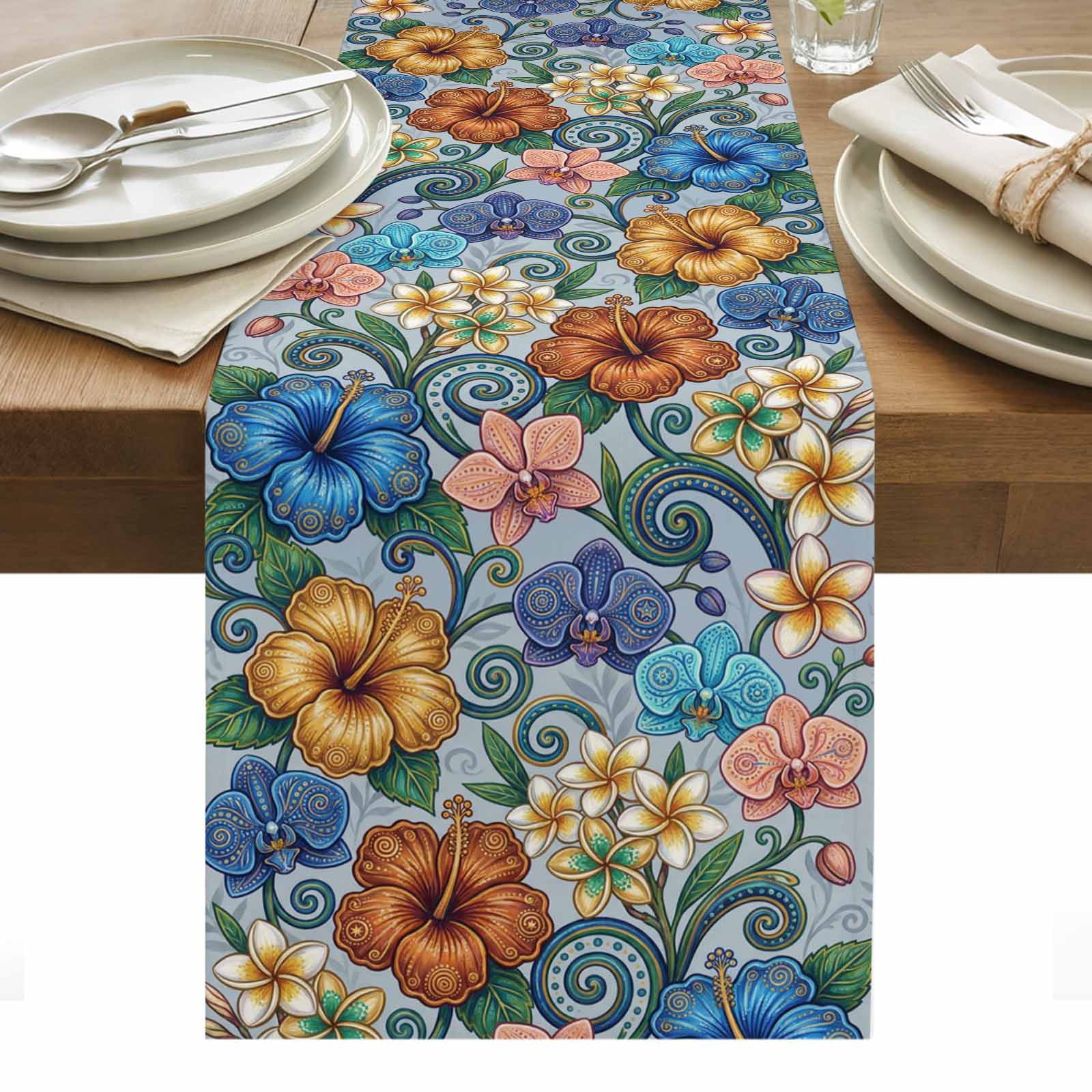 Bohemian Flowers Cotton Linen Table Runner Retro Blue Gold Flower Green ...