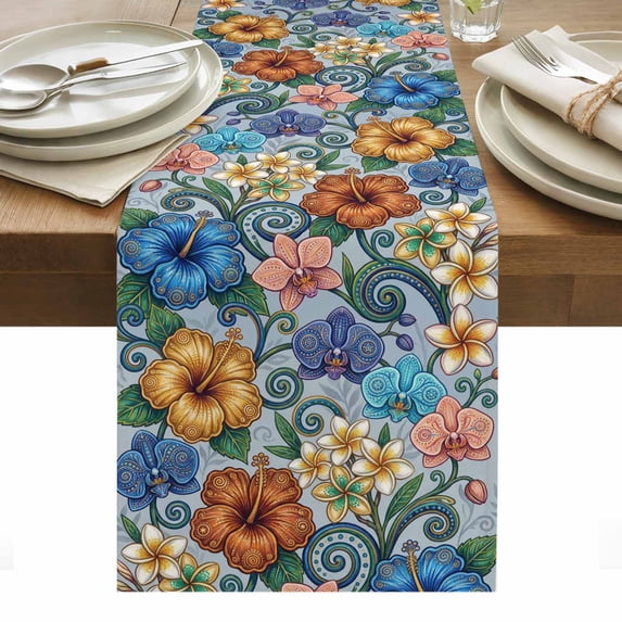 Bohemian Flowers Cotton Linen Table Runner Retro Blue Gold Flower Green ...