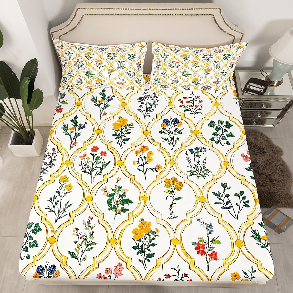 Bohemian Flowers Fitted Sheet Jungle Plant Sheets,Botanical Leaves Bed ...