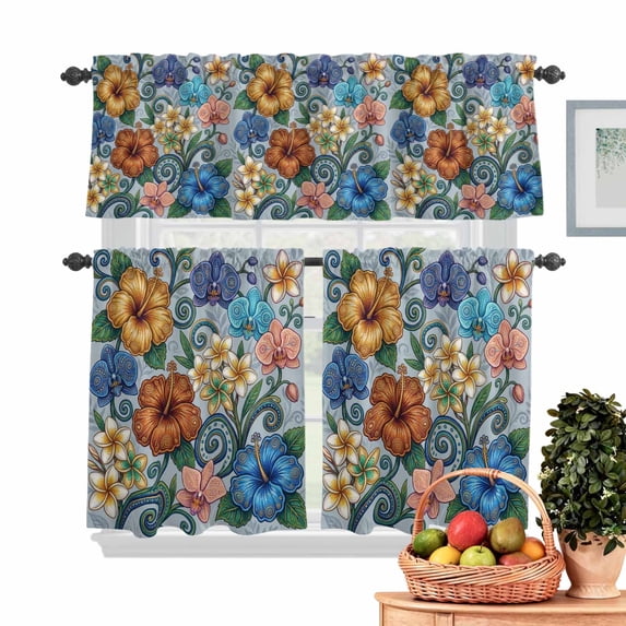 Bohemian Flowers Kitchen Curtains Valances 3 Piece Set, Retro Blue Gold ...