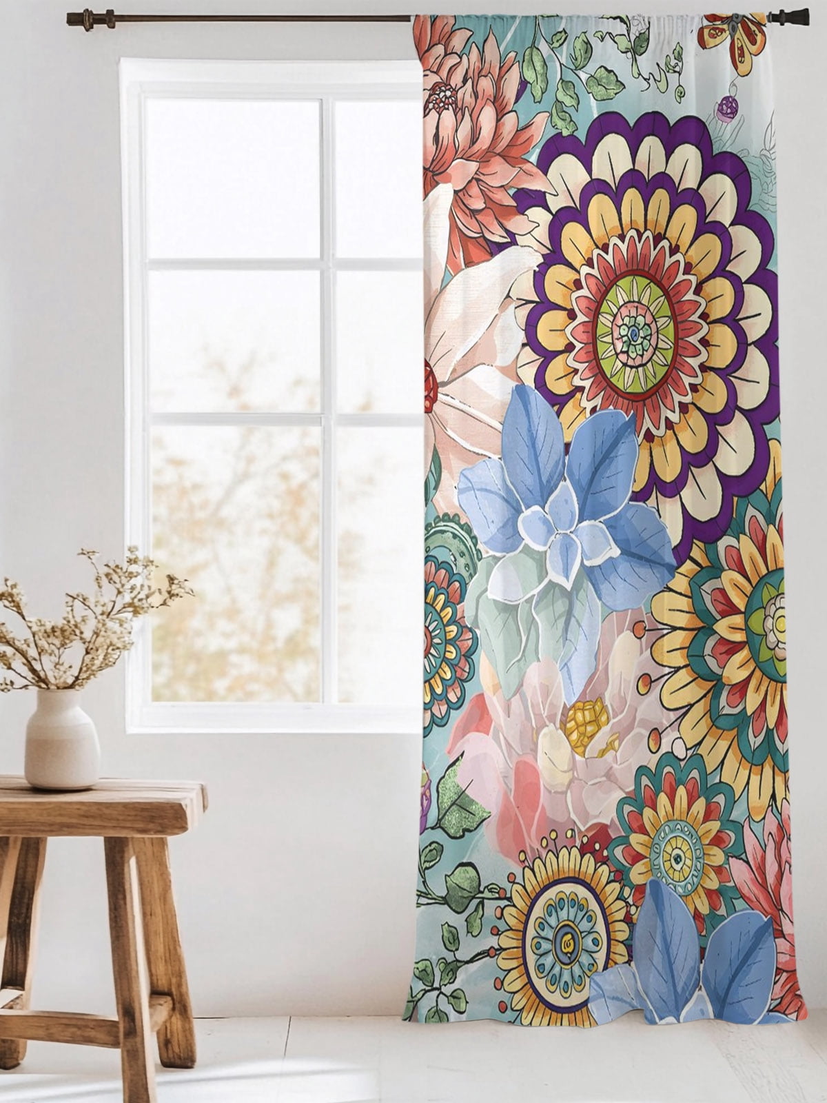 Bohemian Flowers Sheer Curtains 84 Inch Long 1 Panel Vintage Colorful ...