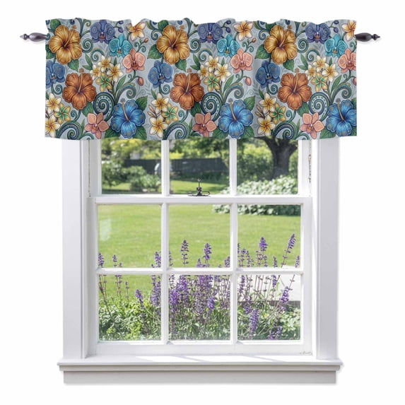 Bohemian Flowers Valances for Windows Retro Blue Gold Flower Green Leaf ...