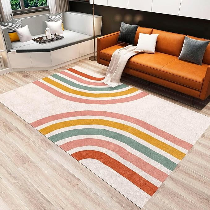 Bohemian Fresh Pink Abstract Rainbow Area Rug, Modern Curved Gradient ...