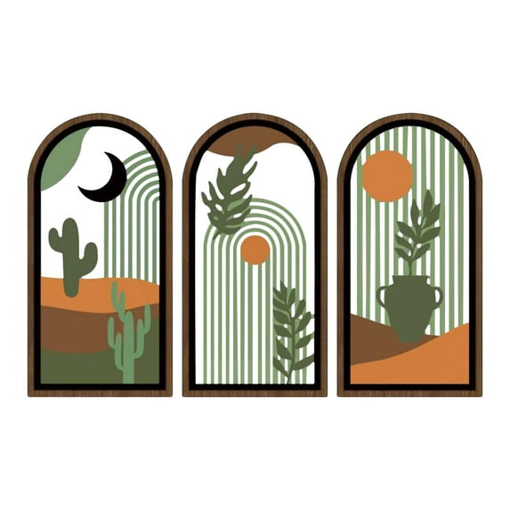 Bohemian Geometric Abstract Arch Hollow Wooden Wall Decor Sign 3-Piece ...