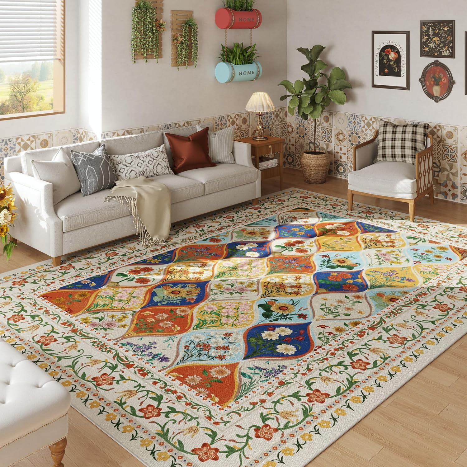 Bohemian Geometric Floral Area Rugs 5x7, Machine Washable, Low Pile ...