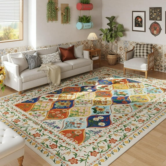 Bohemian Geometric Floral Area Rugs 5x7, Machine Washable, Low Pile ...