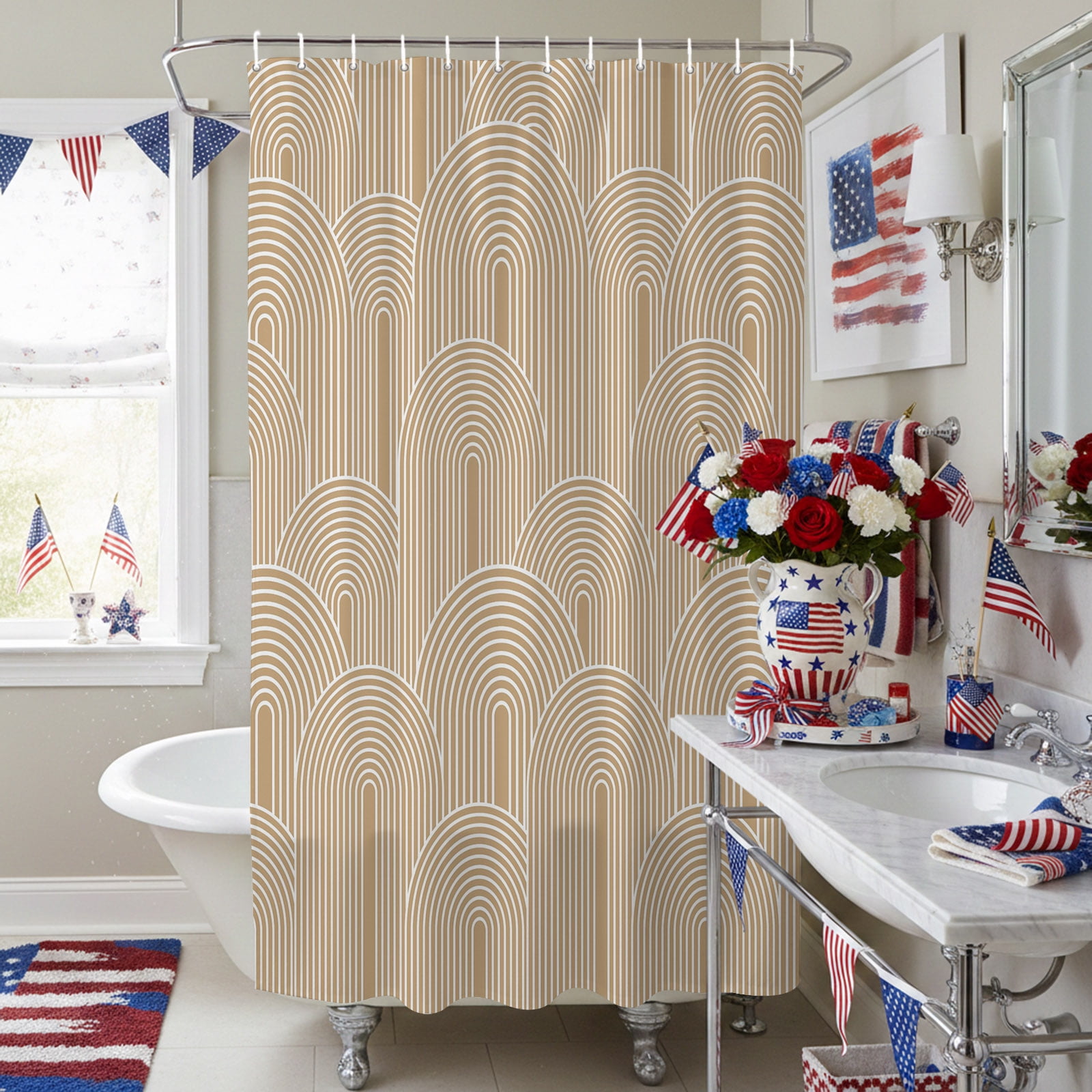 Bohemian Geometric Khaki Line Shower Curtain for Bathroom, Mid Century ...