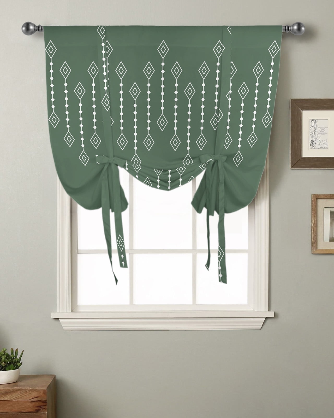 Bohemian Geometric Lines Green Kitchen Short Window Curtain Rod Pocket ...