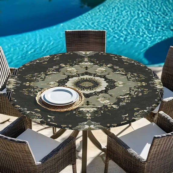 Bohemian Geometric Retro Floral Art Round Fitted Tablecloth with ...