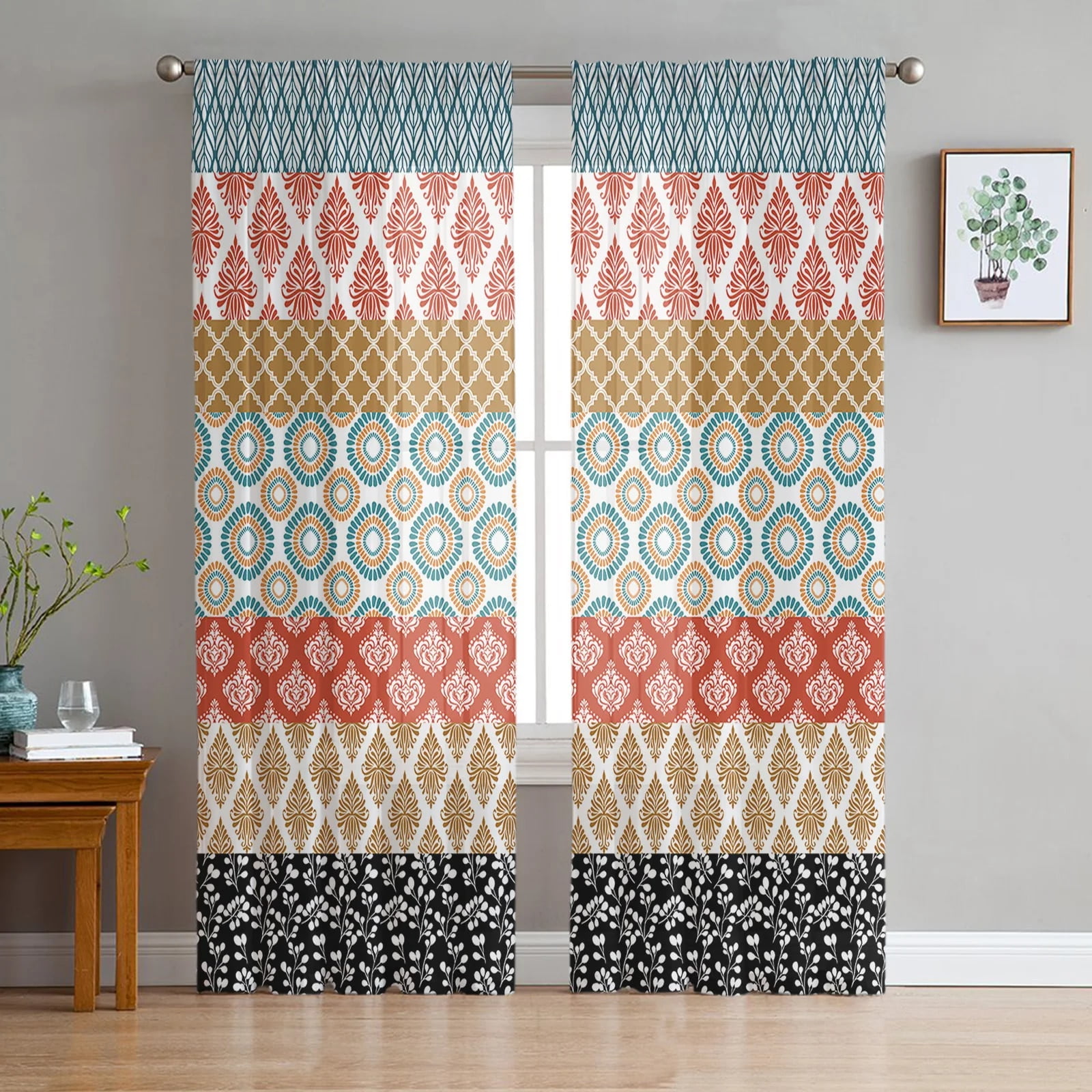 Bohemian Geometric Stripes Sheer Voile Window Curtains Tulle Curtains ...