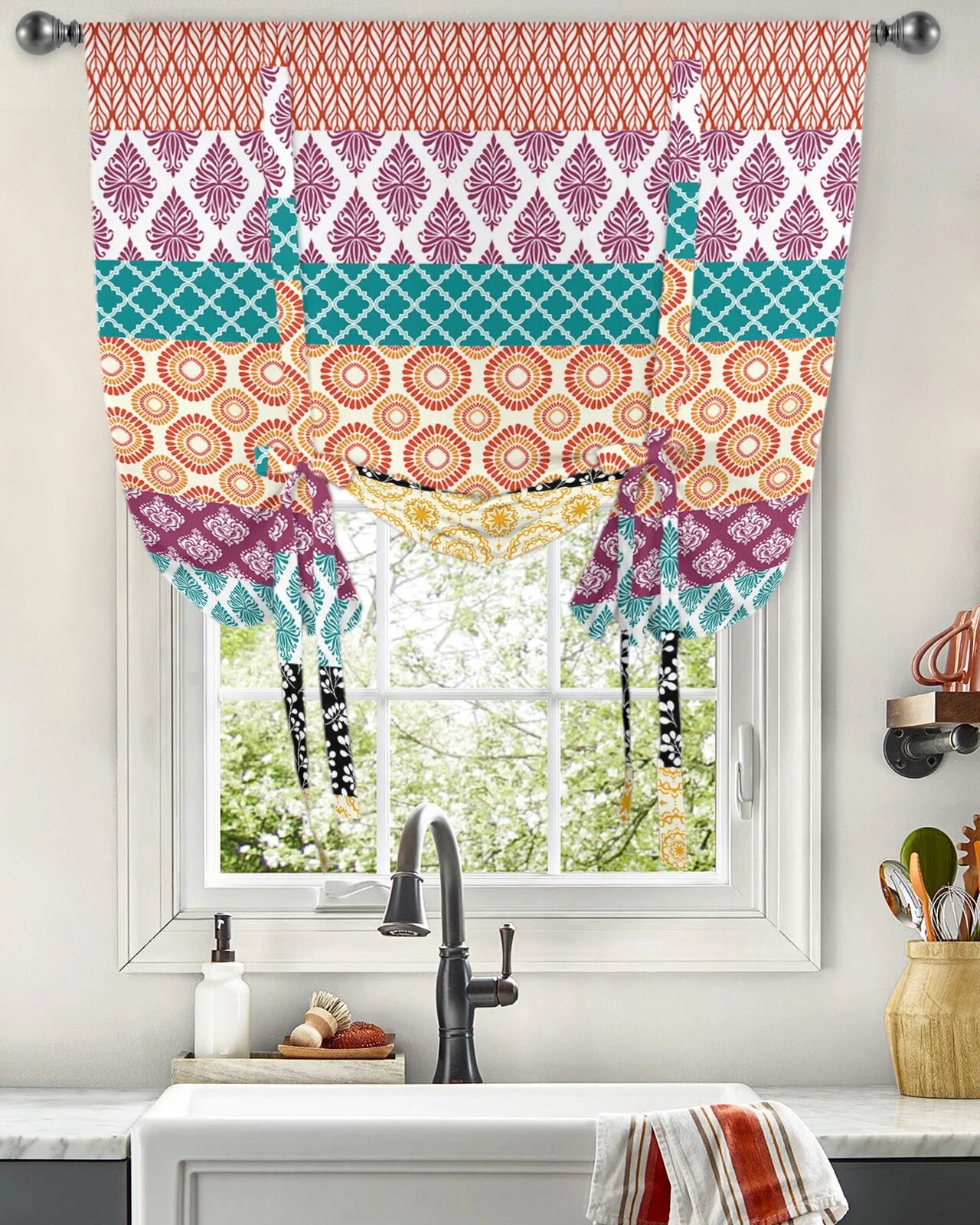 Bohemian Geometric Stripes Window Curtain for Living Room Bedroom Balcony Cafe Kitchen Tie-up ...