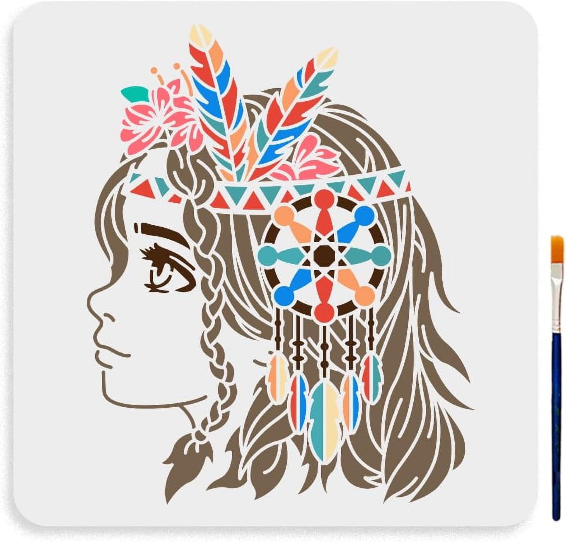 Bohemian Girl Stencil 11.8×11.8inch Large Boho Girl Face Stencil with Paint Brush Artistic Boho ...