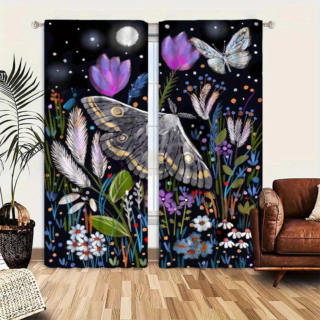 Bohemian Glam Lavender Butterfly Print Curtain Semi-Sheer Jacquard Rod ...