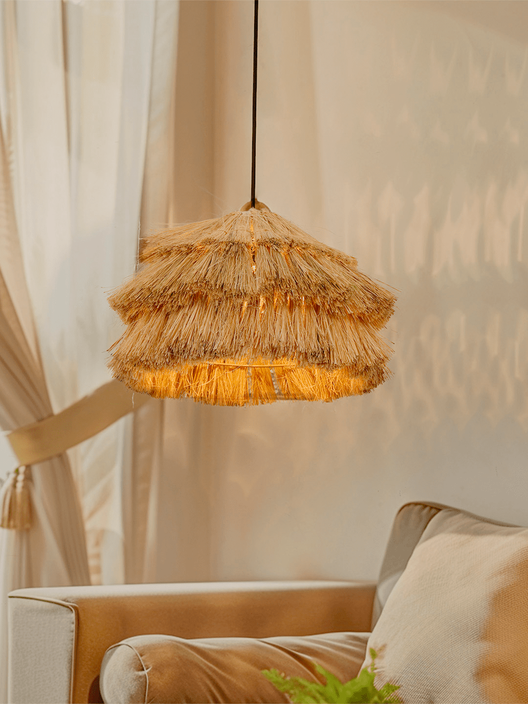 Bohemian Glow: Fringed Munja Hay 14 inch Pendant Light Adds Rustic ...