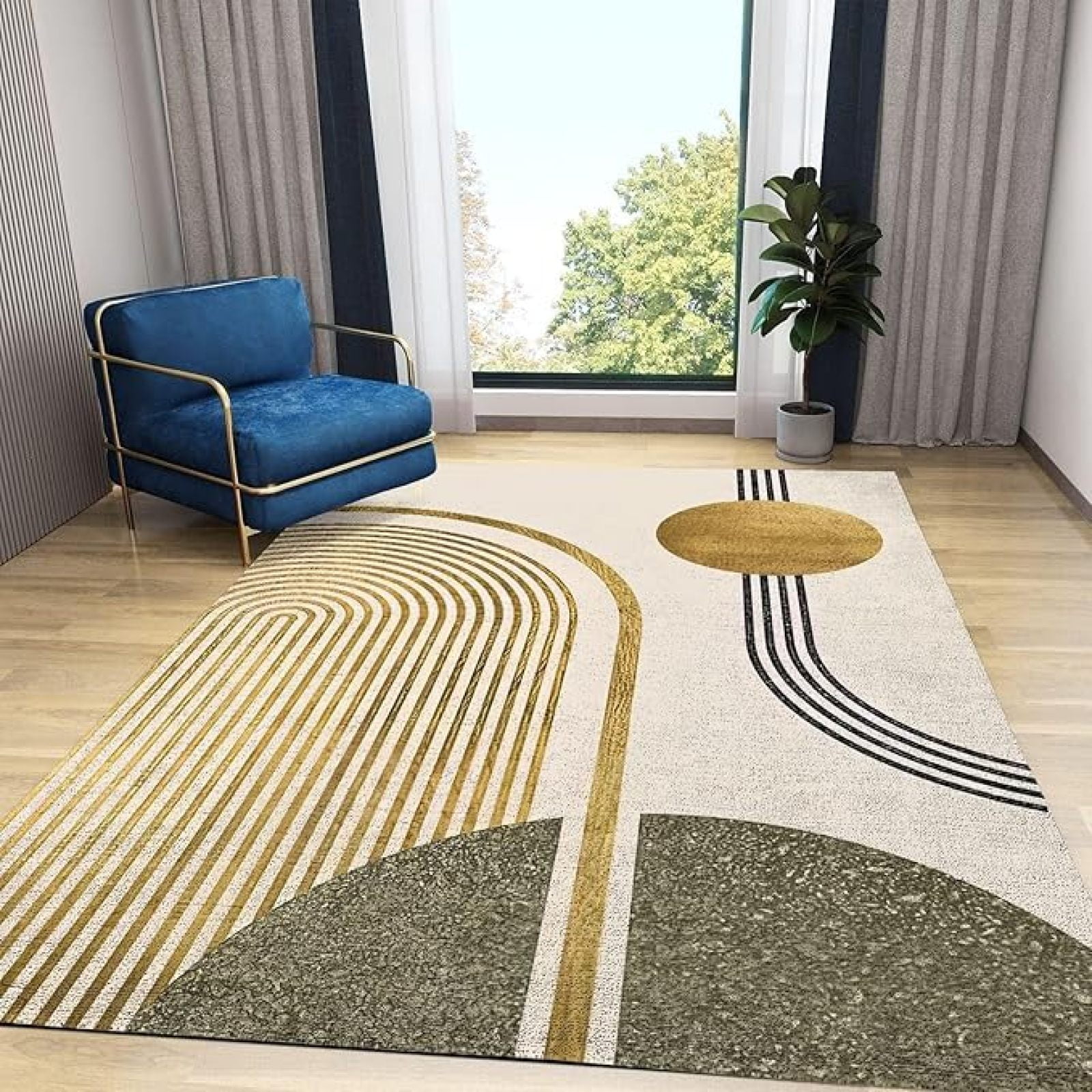 Bohemian Golden Lines Area Rug, Abstract Retro Medieval Stripes Large Rugs, With Anti-Slip Easy ...