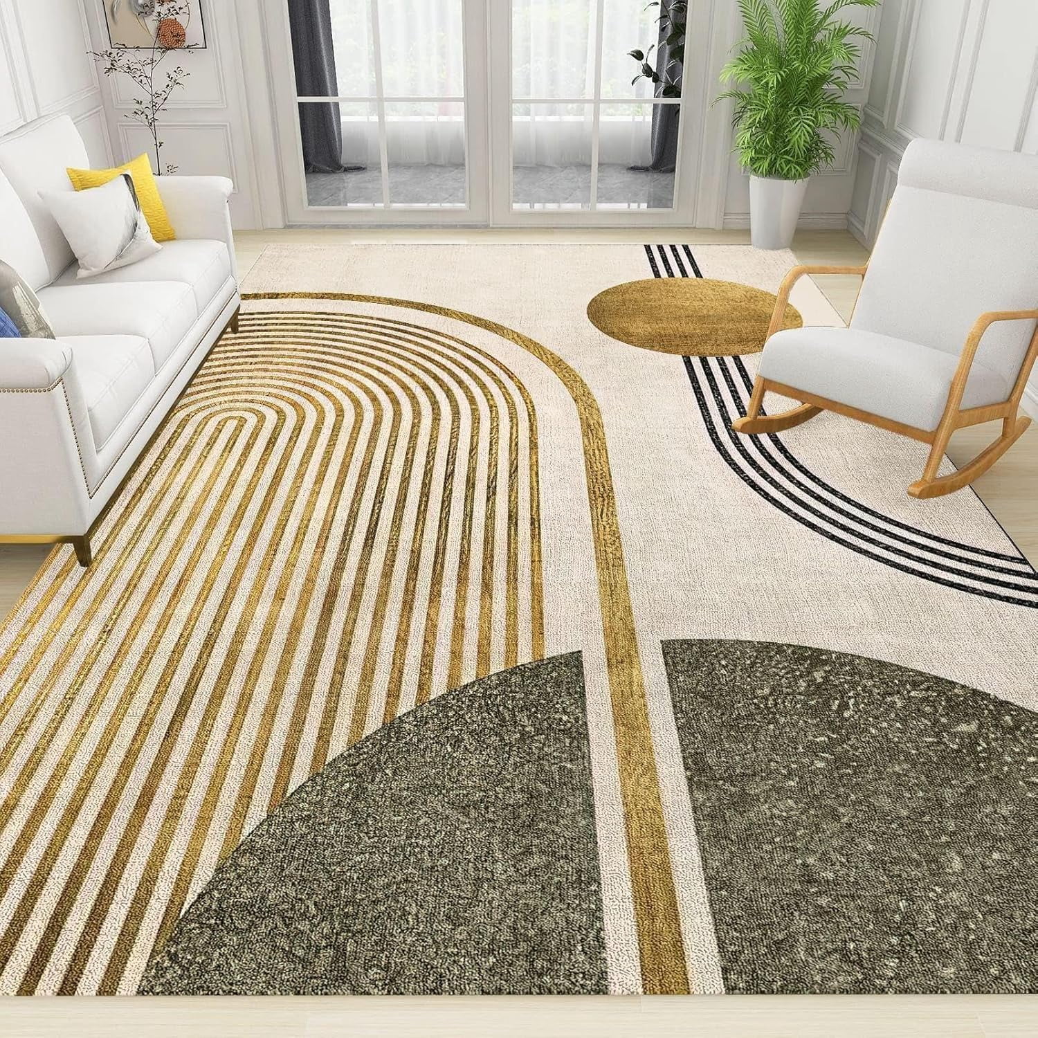 Bohemian Golden Lines Area Rug, Abstract Retro Medieval Stripes Rugs ...