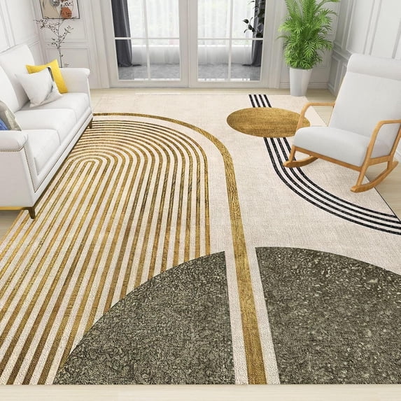 Bohemian Golden Lines Area Rug, Abstract Retro Medieval Stripes Rugs ...