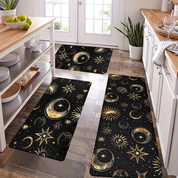 Bohemian Golden Star Kitchen Carpet Set, Non-Slip Flannel Mat, Soft ...