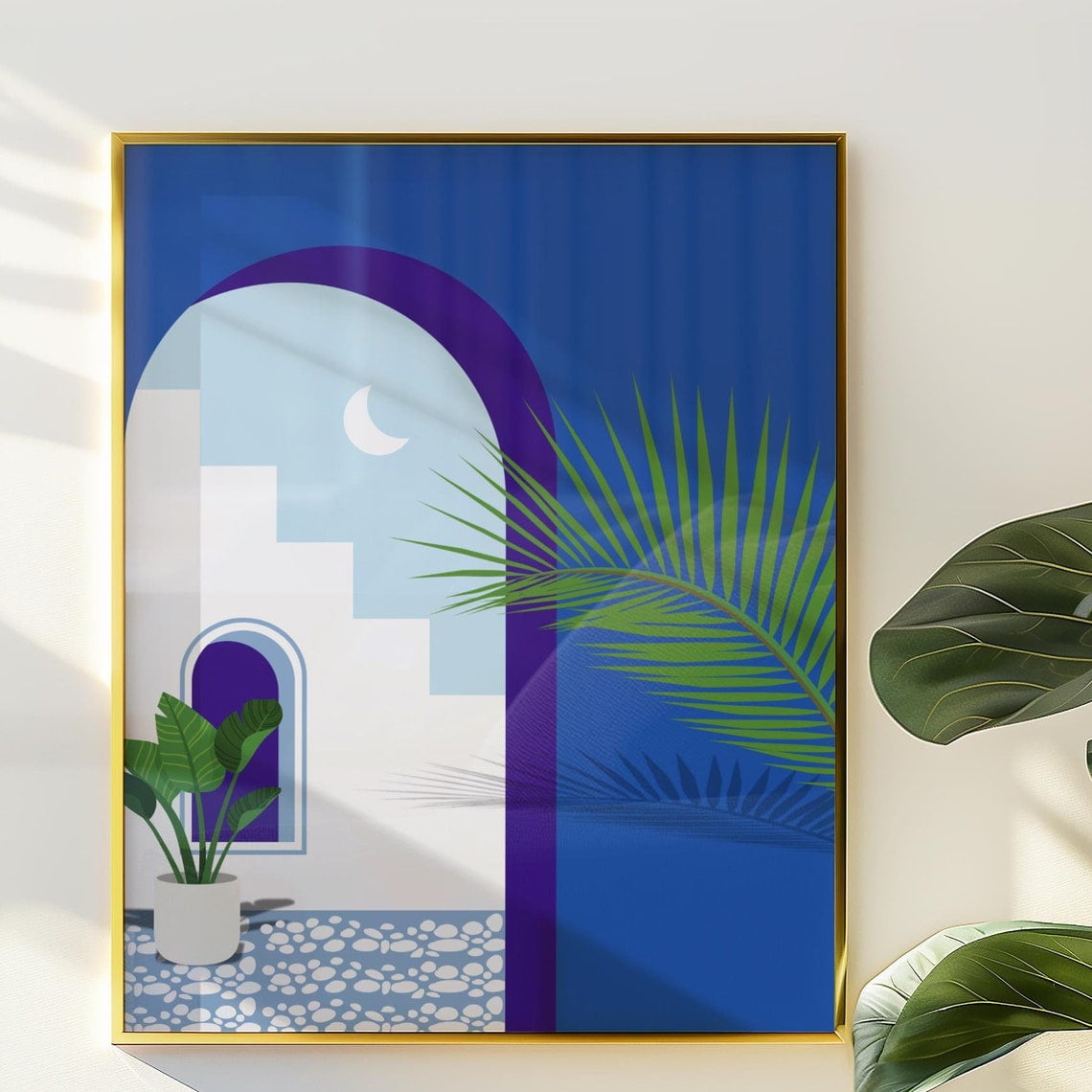 Bohemian Greece Aesthetic Print, Arch Staircase Palm Moon Design ...