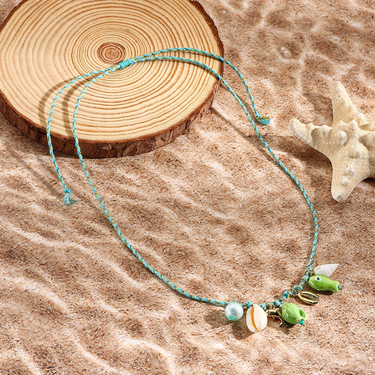 Bohemian Green Ceramic Fish Pendant Necklace with Woven Rope Chain ...
