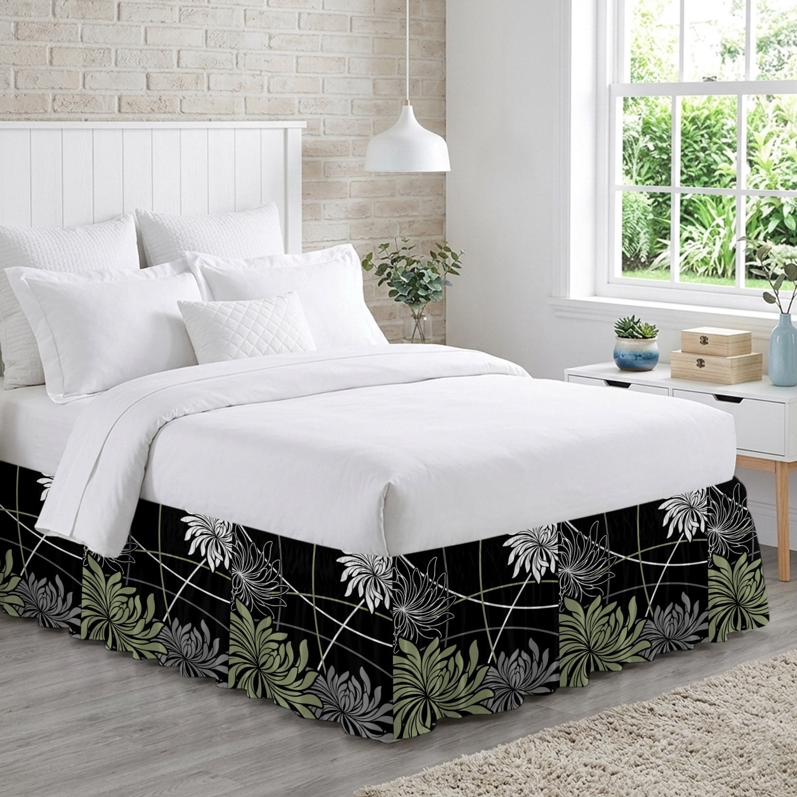 Bohemian Green Floral Bed Skirt King Size 18 Inch Drop, Modern Artistic ...