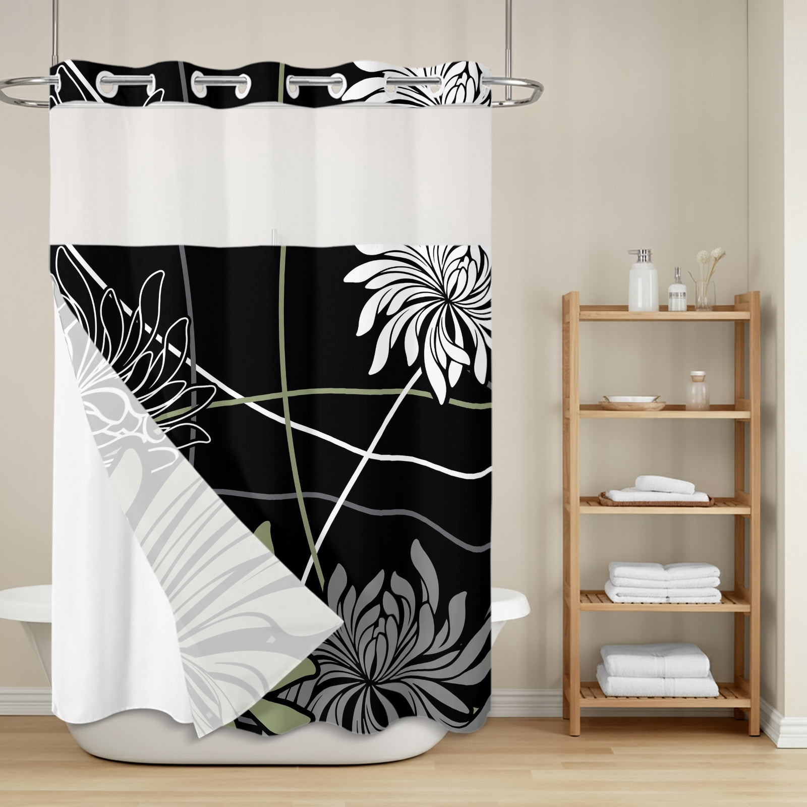 Bohemian Green Floral No Hook Shower Curtain with Snap in Liner, Modern ...