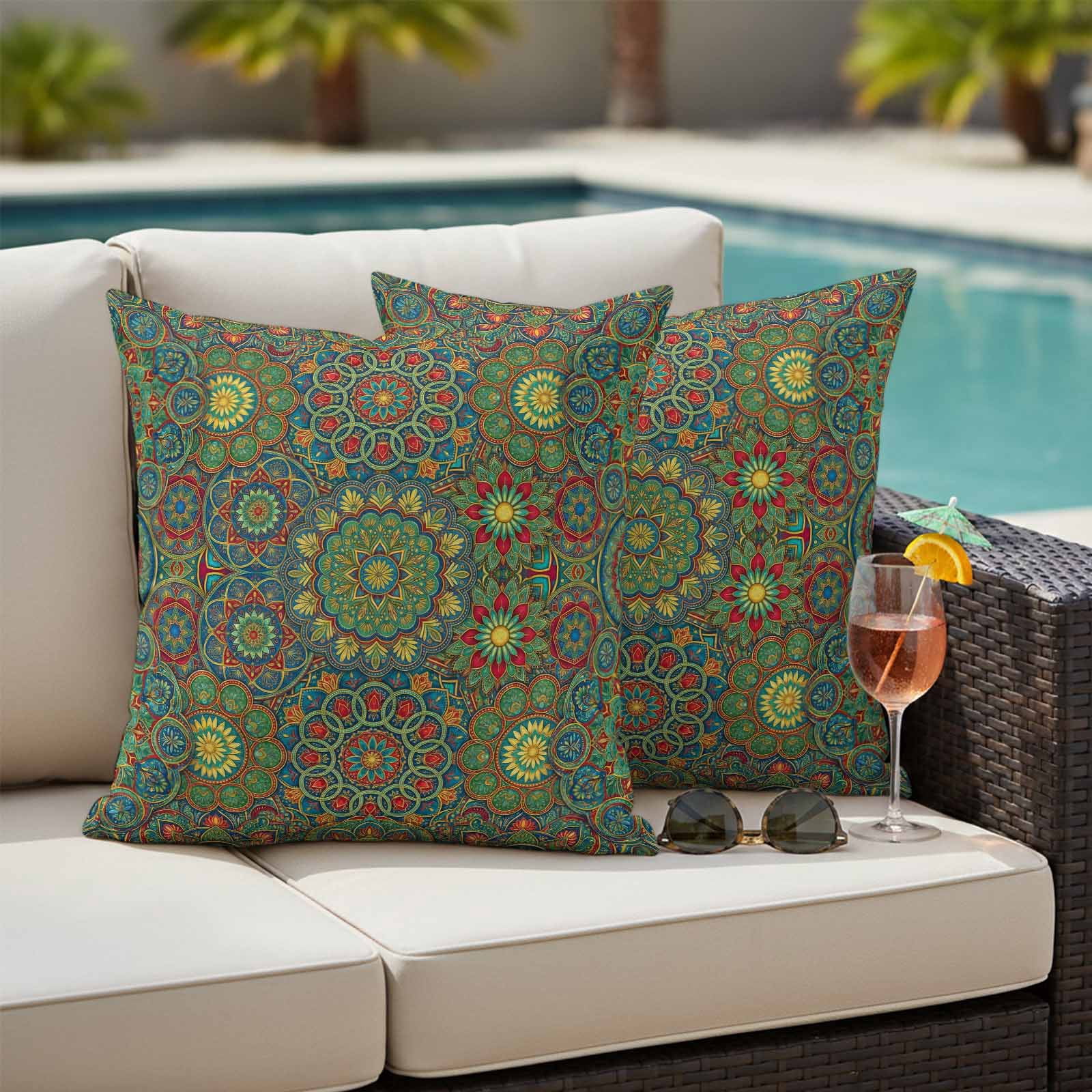 Bohemian Green Floral Outdoor Waterproof Throw Pillow Covers Set of 2 ...