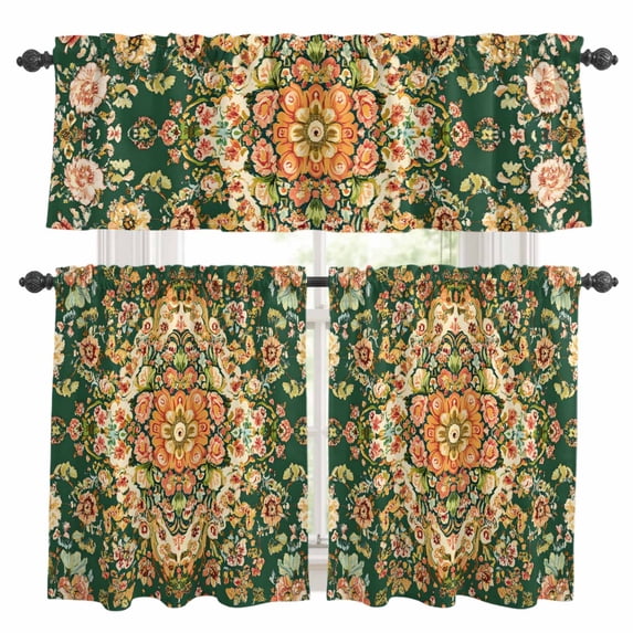 Bohemian Green Floral Pattern Kitchen Curtains Set for Windows, Vintage ...