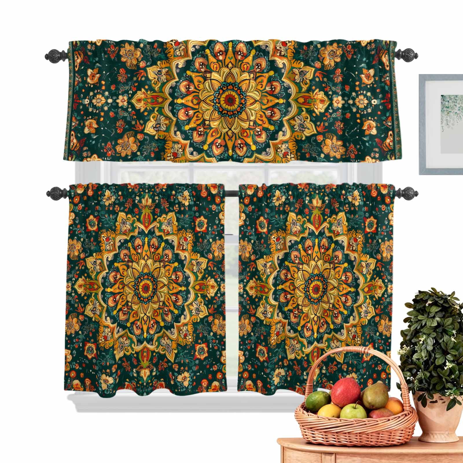 Bohemian Green Floral Pattern Kitchen Curtains Valances 3 Piece Set ...