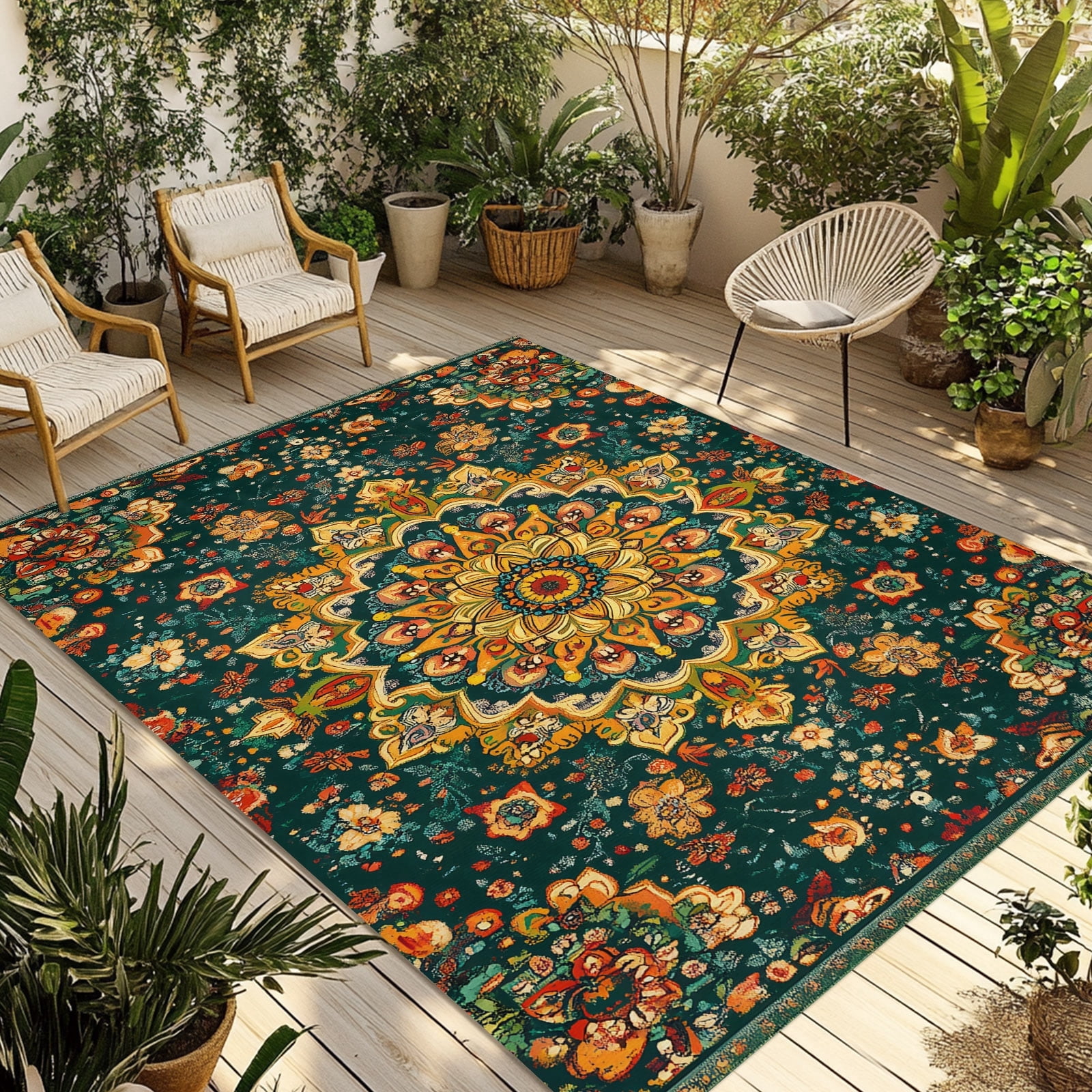 Bohemian Green Floral Pattern Outdoor Rug, Vintage Boho Tribal Gold ...