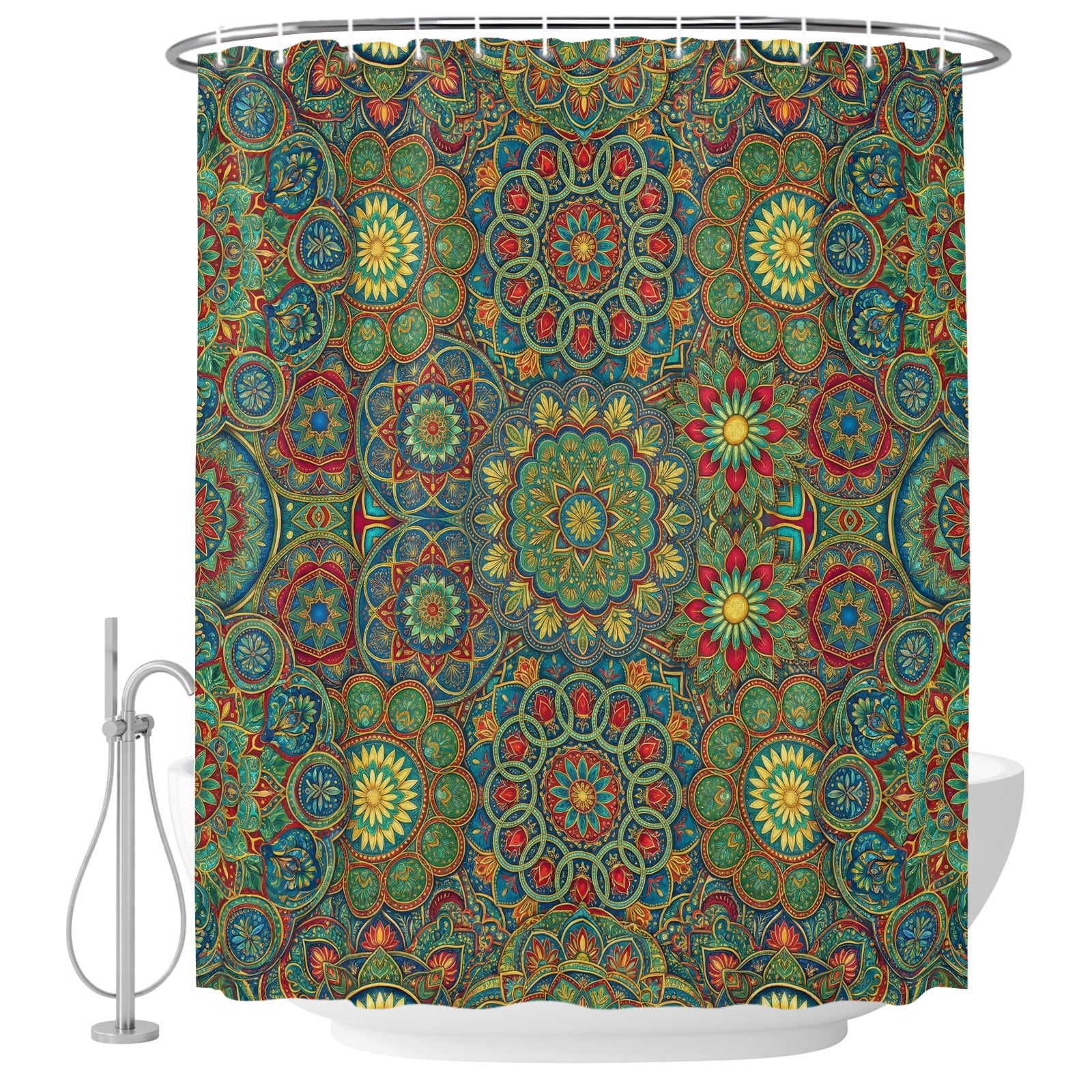 Bohemian Green Floral Shower Curtain for Bathroom, Boho Tribal Ethnic ...