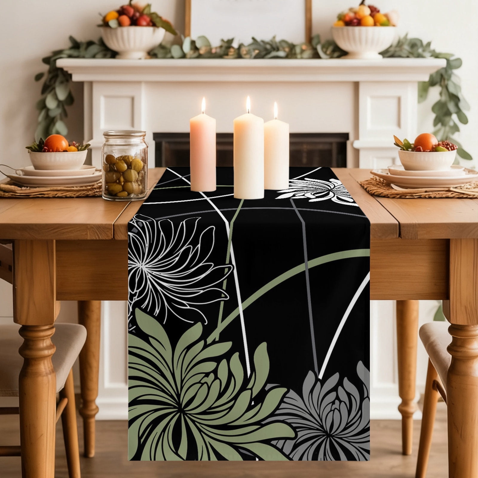 Bohemian Green Floral Table Runner, Modern Artistic Grey White Flowers ...