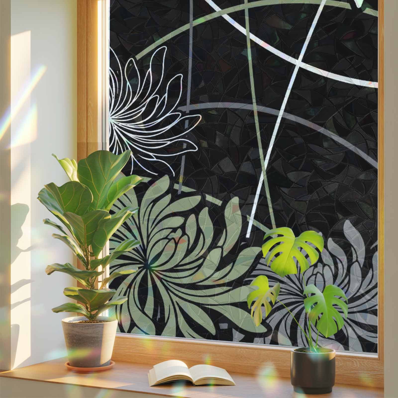 Bohemian Green Floral Window Privacy Film, Modern Artistic Grey White ...
