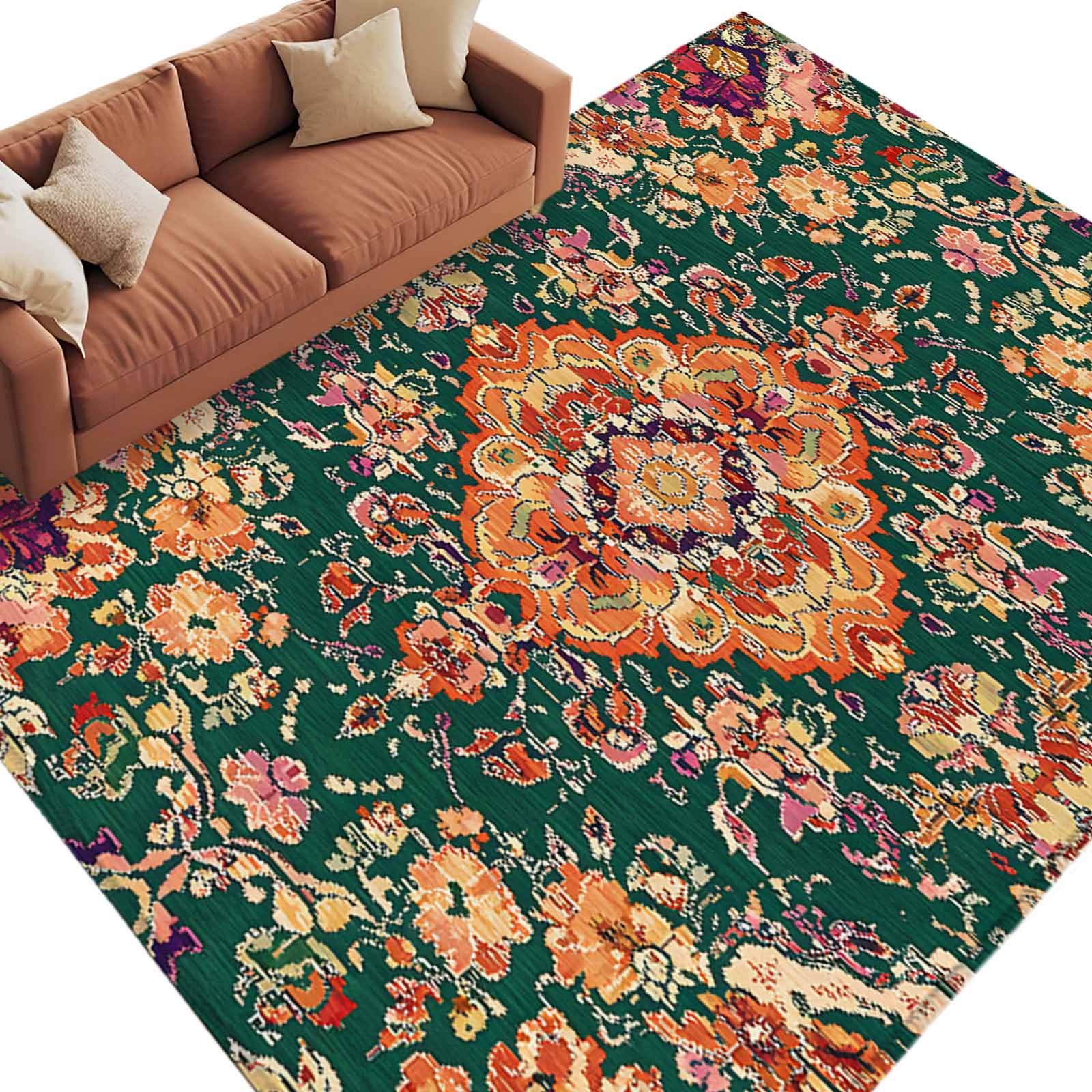 Bohemian Green Flower Area Rug 6x9ft Vintage Boho Tribal Orange Floral ...