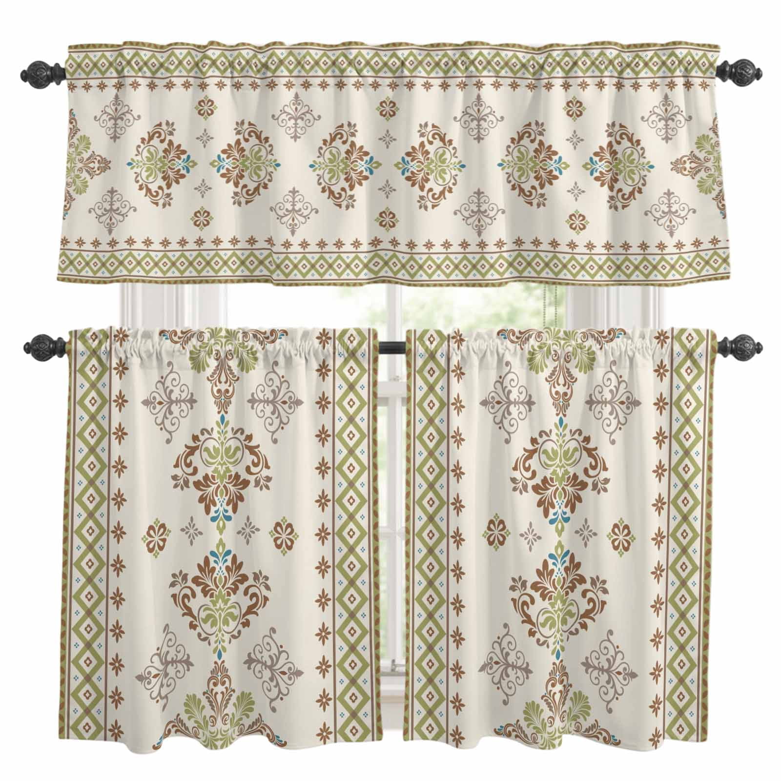 Bohemian Green Flower Kitchen Curtains and Valances Set, Boho Vintage ...