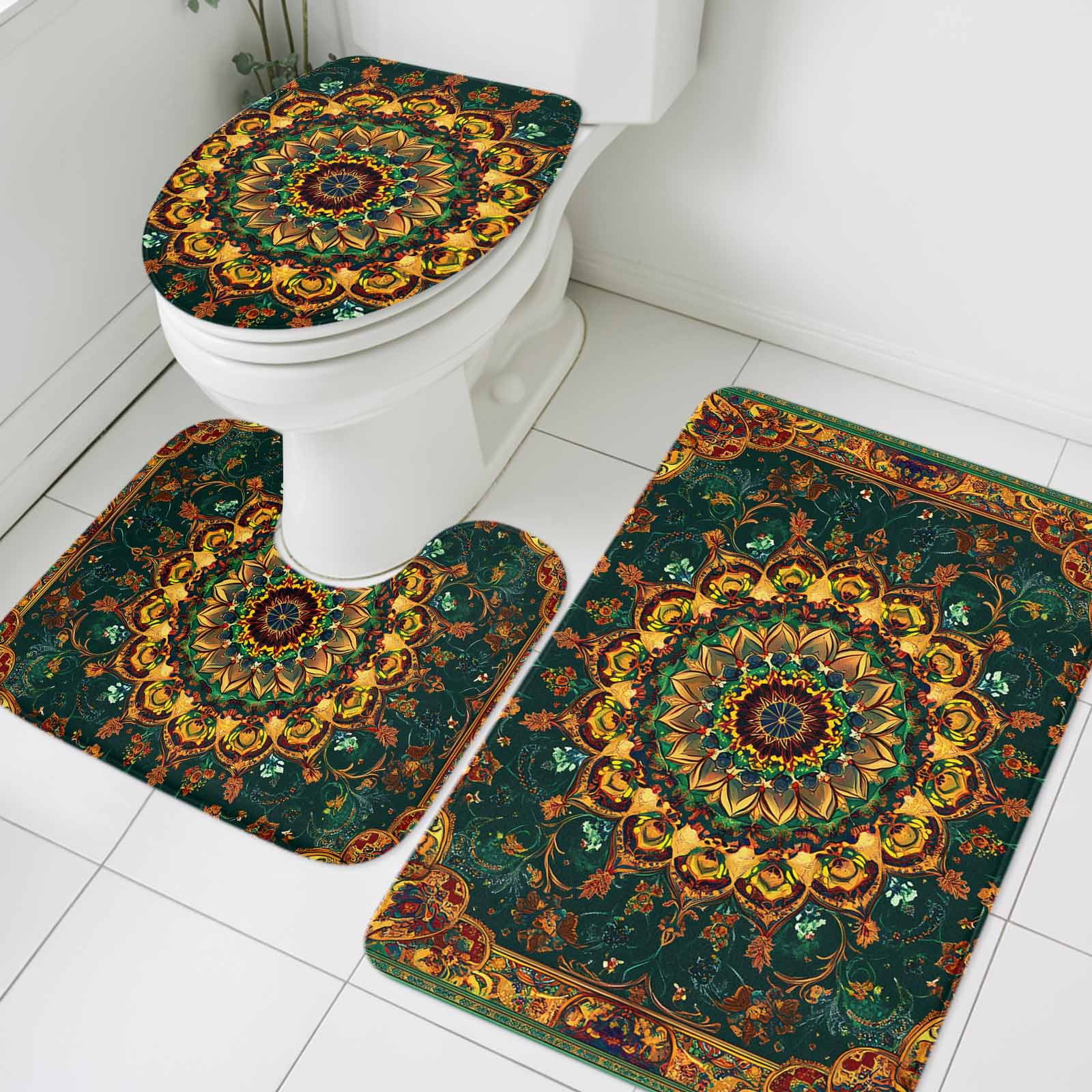 Bohemian Green Flower Pattern Bathroom Rugs Set Vintage Tribal Ethnic ...