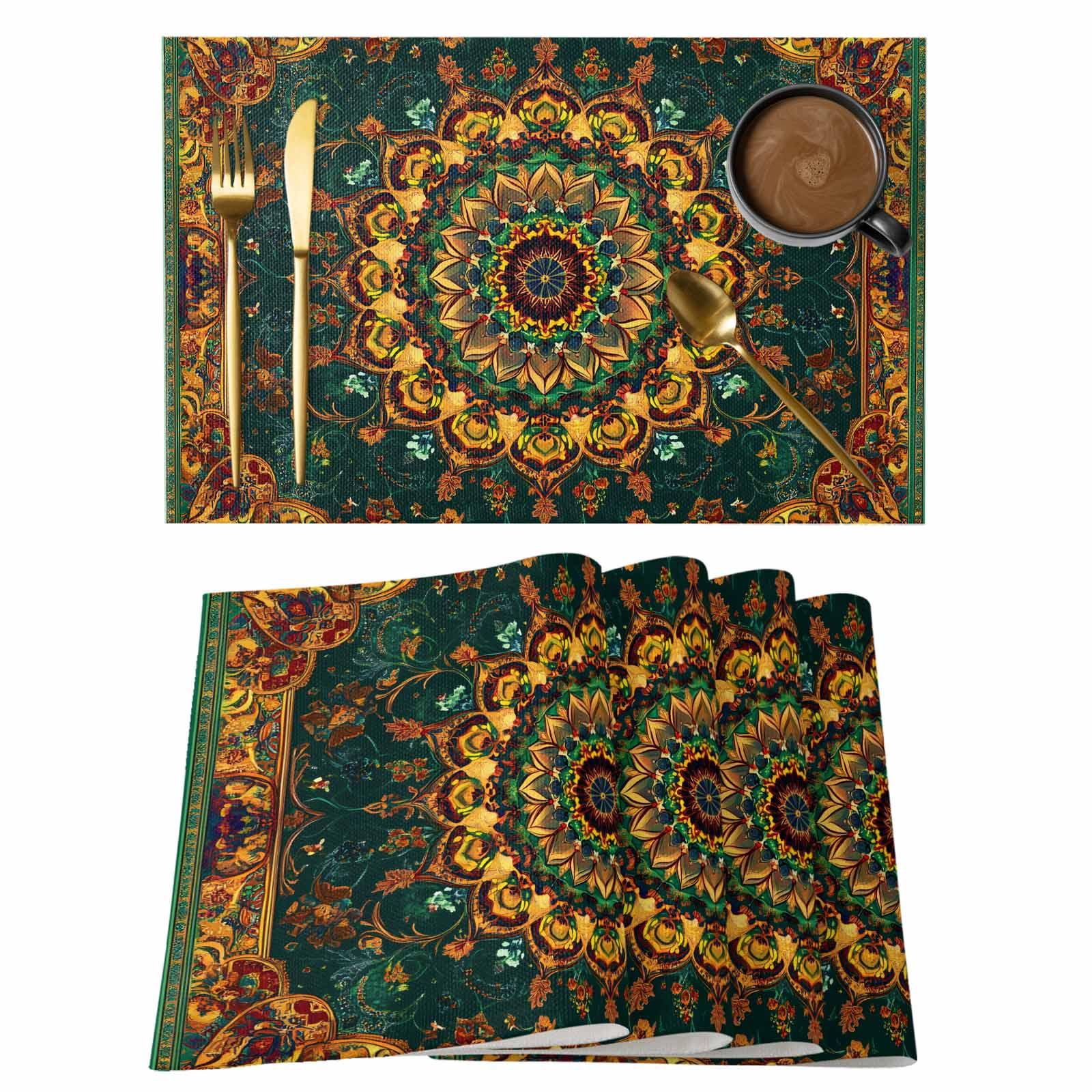 Bohemian Green Flower Pattern Placemats Set of 1, Vintage Tribal Ethnic ...