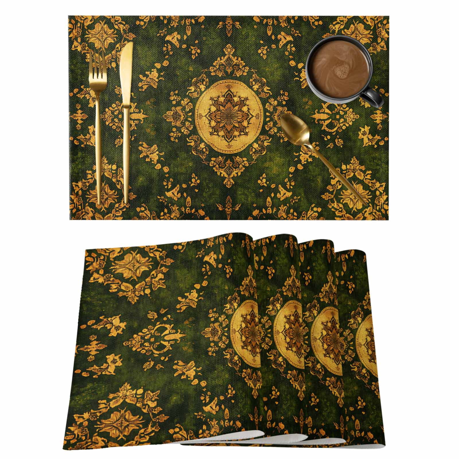 Bohemian Green Flower Pattern Placemats Set of 12, Vintage Tribal ...