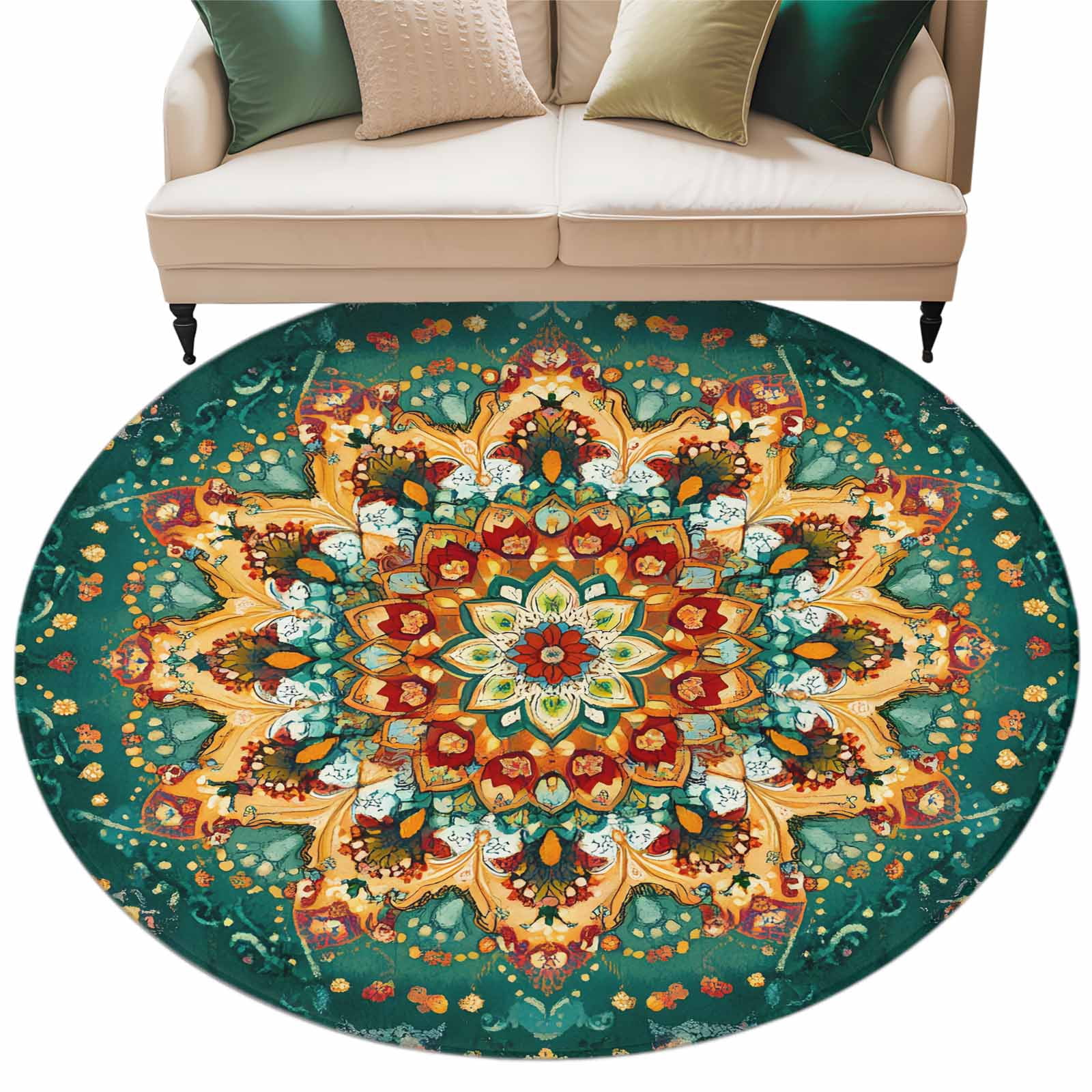 Bohemian Green Flower Pattern Round Area Rug 7ft Vintage Boho Tribal ...
