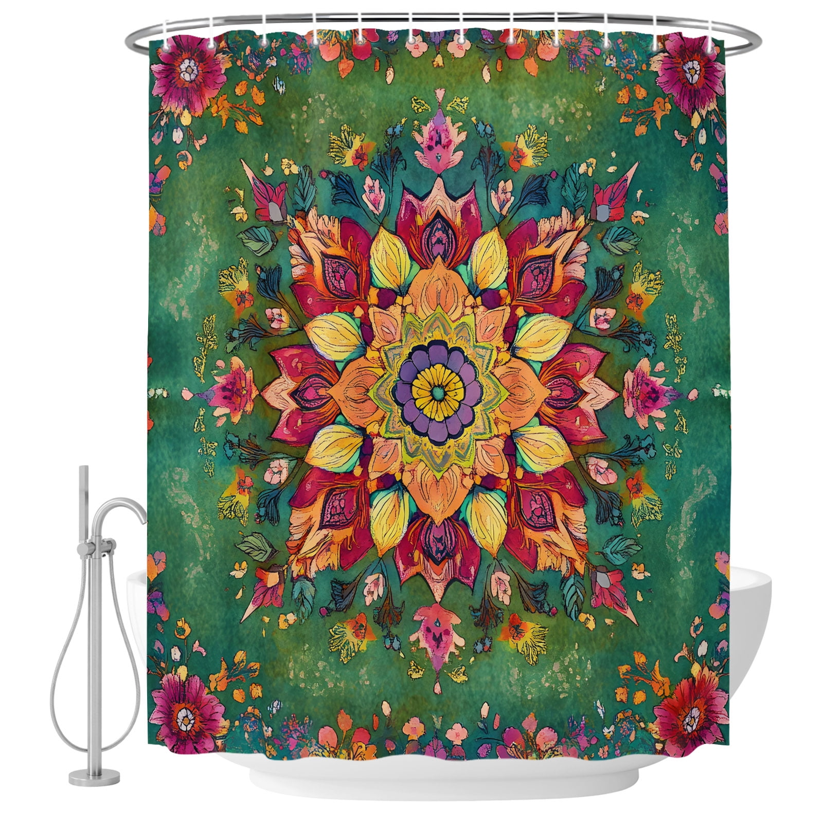 Bohemian Green Flower Pattern Shower Curtain for Bathroom, Vintage ...