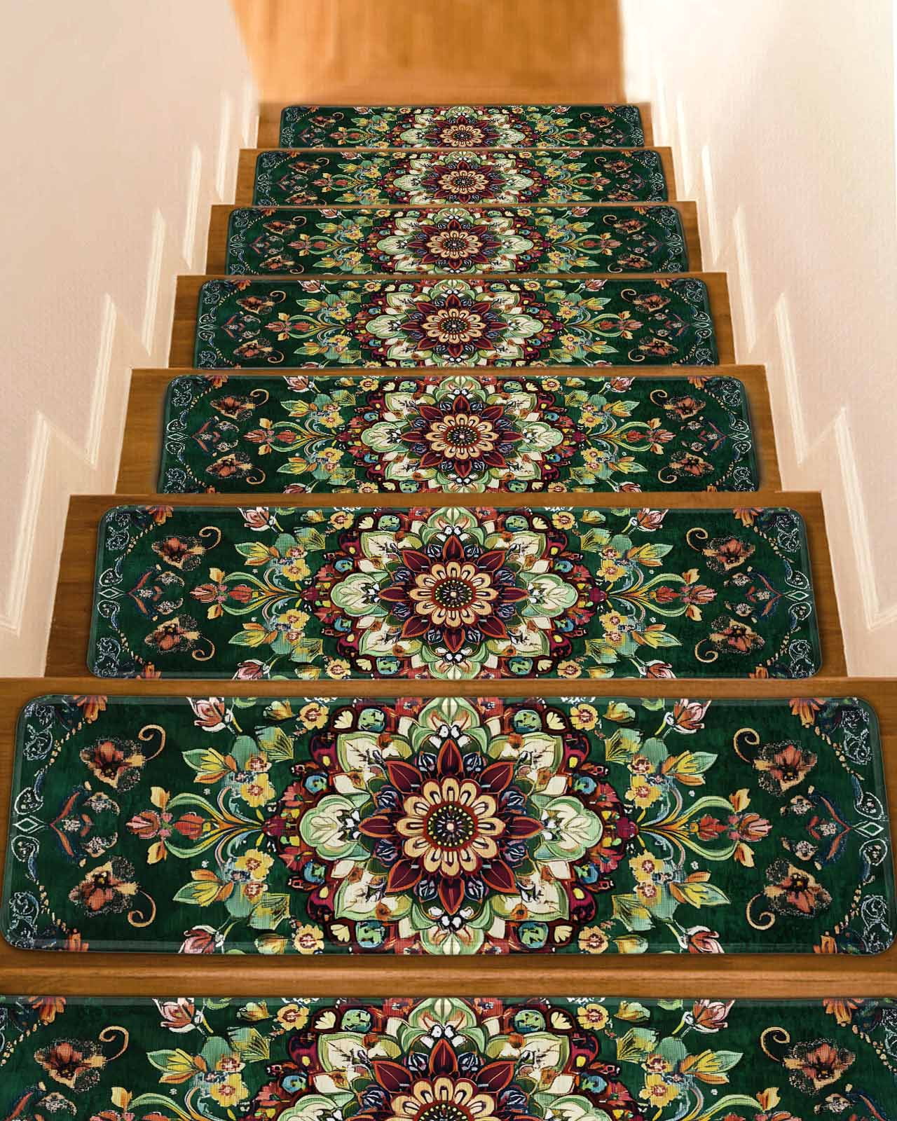 Bohemian Green Flower Pattern Stair Treads Non Slip for Steps Vintage ...
