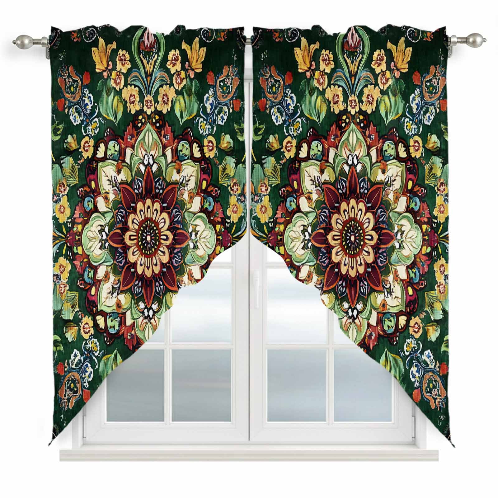 Bohemian Green Flower Pattern Swag Curtain Valance for Window 2 Panels ...