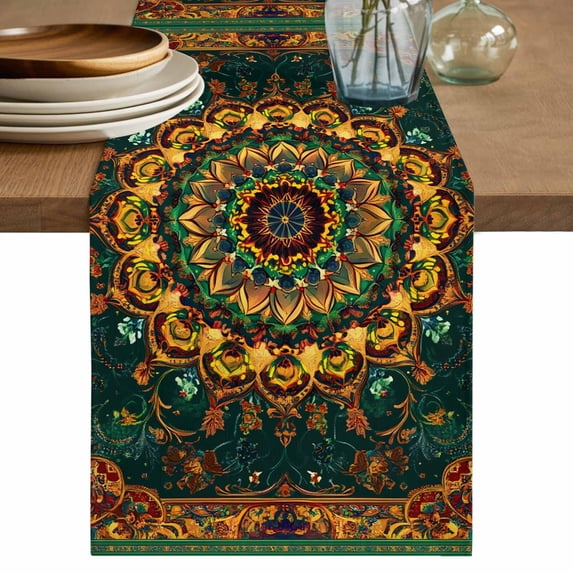 Bohemian Green Flower Pattern Table Runner, Vintage Tribal Ethnic Gold ...