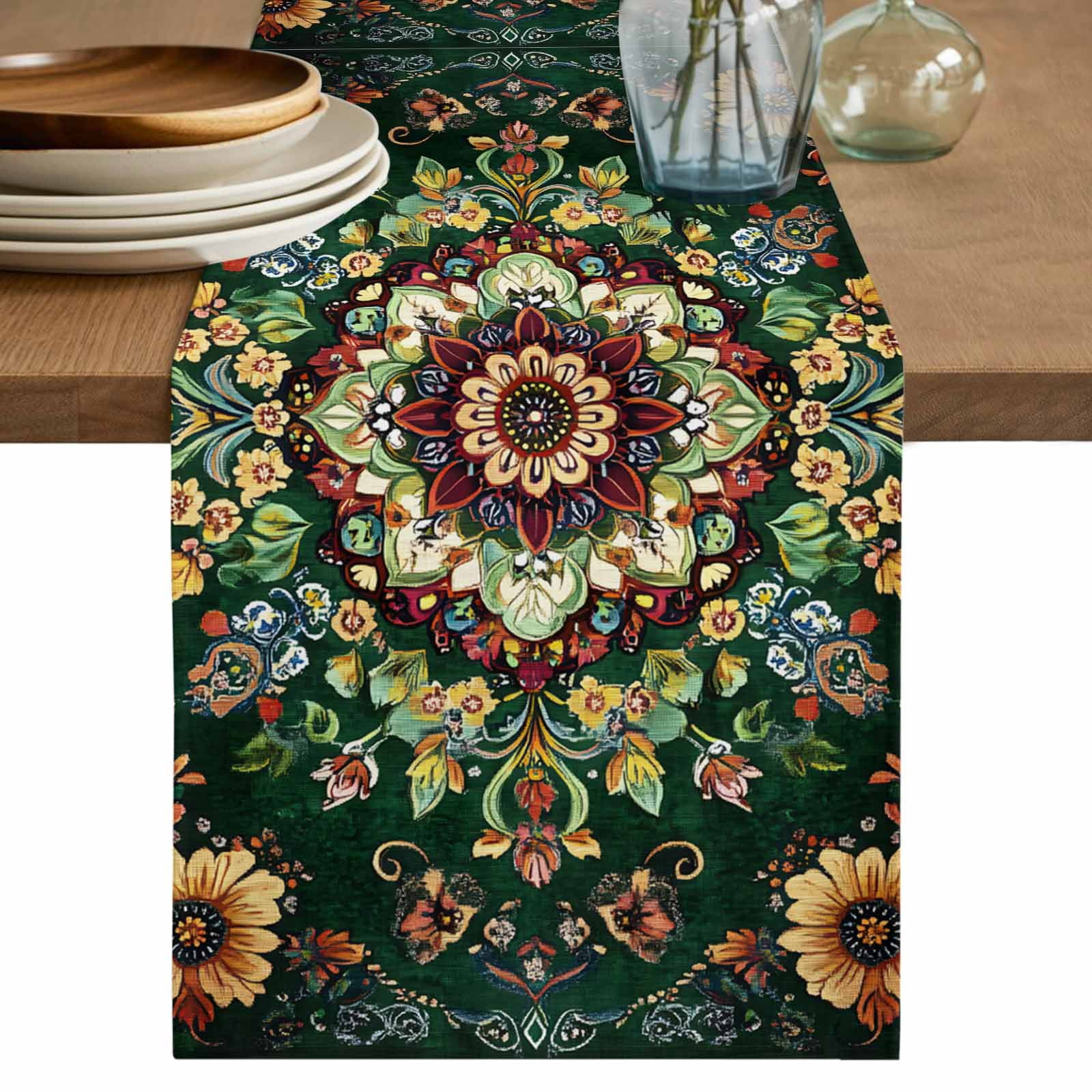 Bohemian Green Flower Pattern Table Runner, Vintage Tribal Ethnic ...