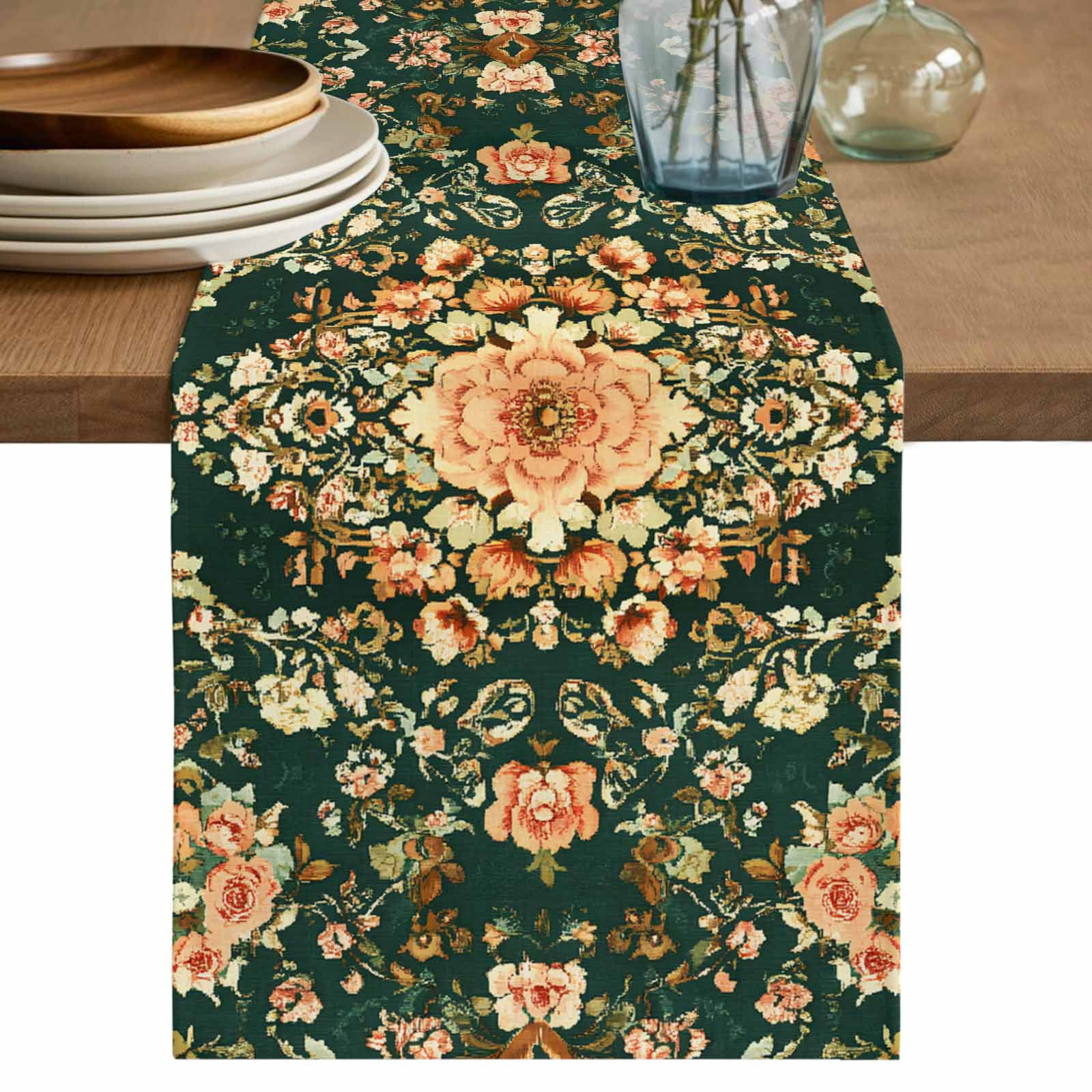 Bohemian Green Flower Pattern Table Runner, Vintage Tribal Ethnic Pink ...