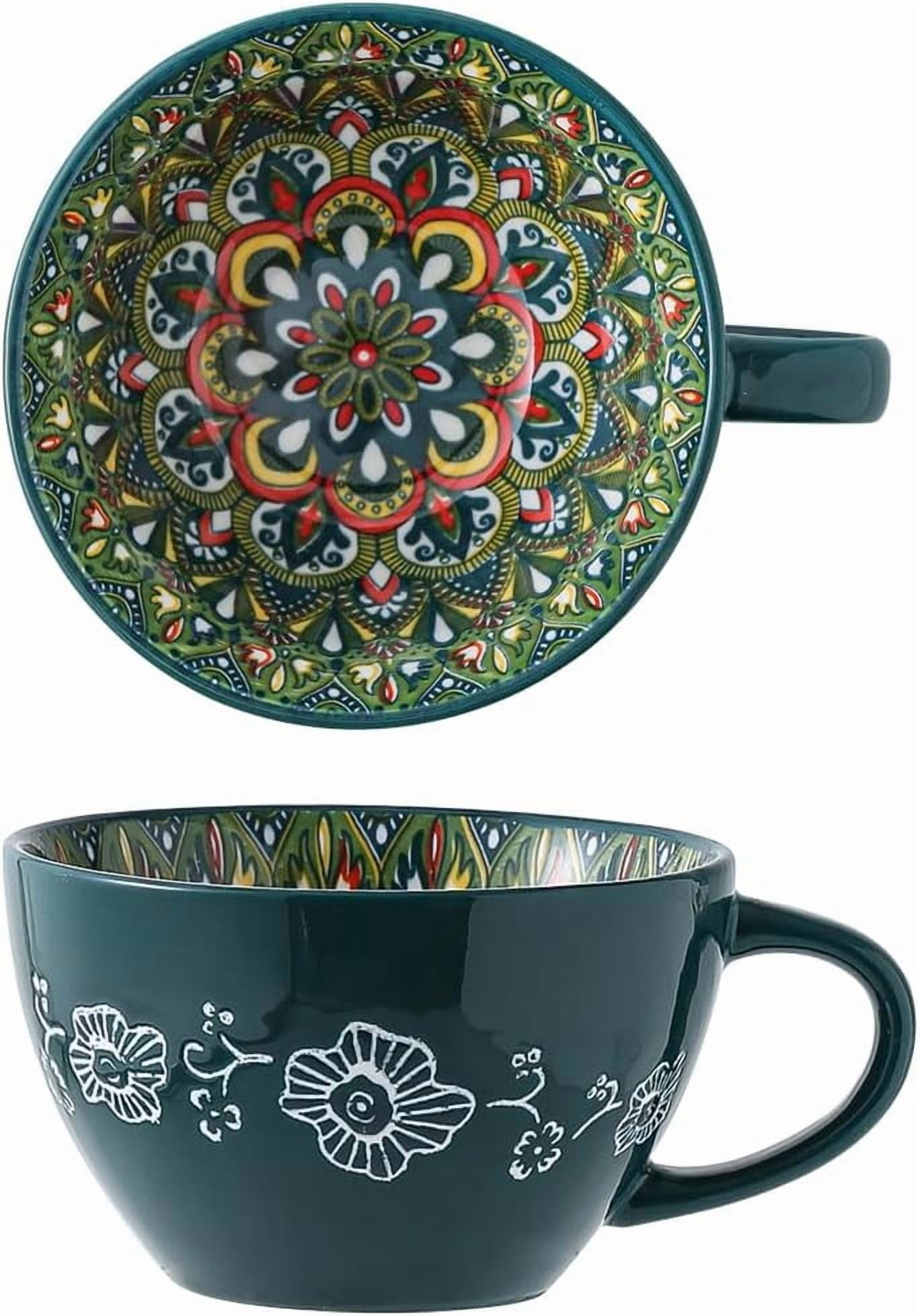 Bohemian Hand-Painted Ceramic Mug, 15 Oz Large Coffee Cup for Milk ...