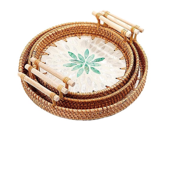 Bohemian Handwoven Round Rattan Basket Set of 3 with Handles, Green ...