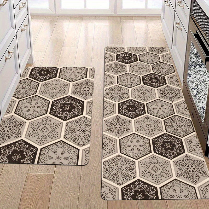 Bohemian Hexagon Flannel Kitchen Mat with 0.39" Sponge Base, Soft ...