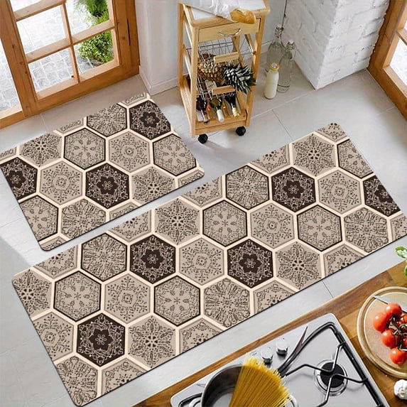 Bohemian Hexagon Flannel Kitchen Mat with 0.39" Sponge Base, Soft ...